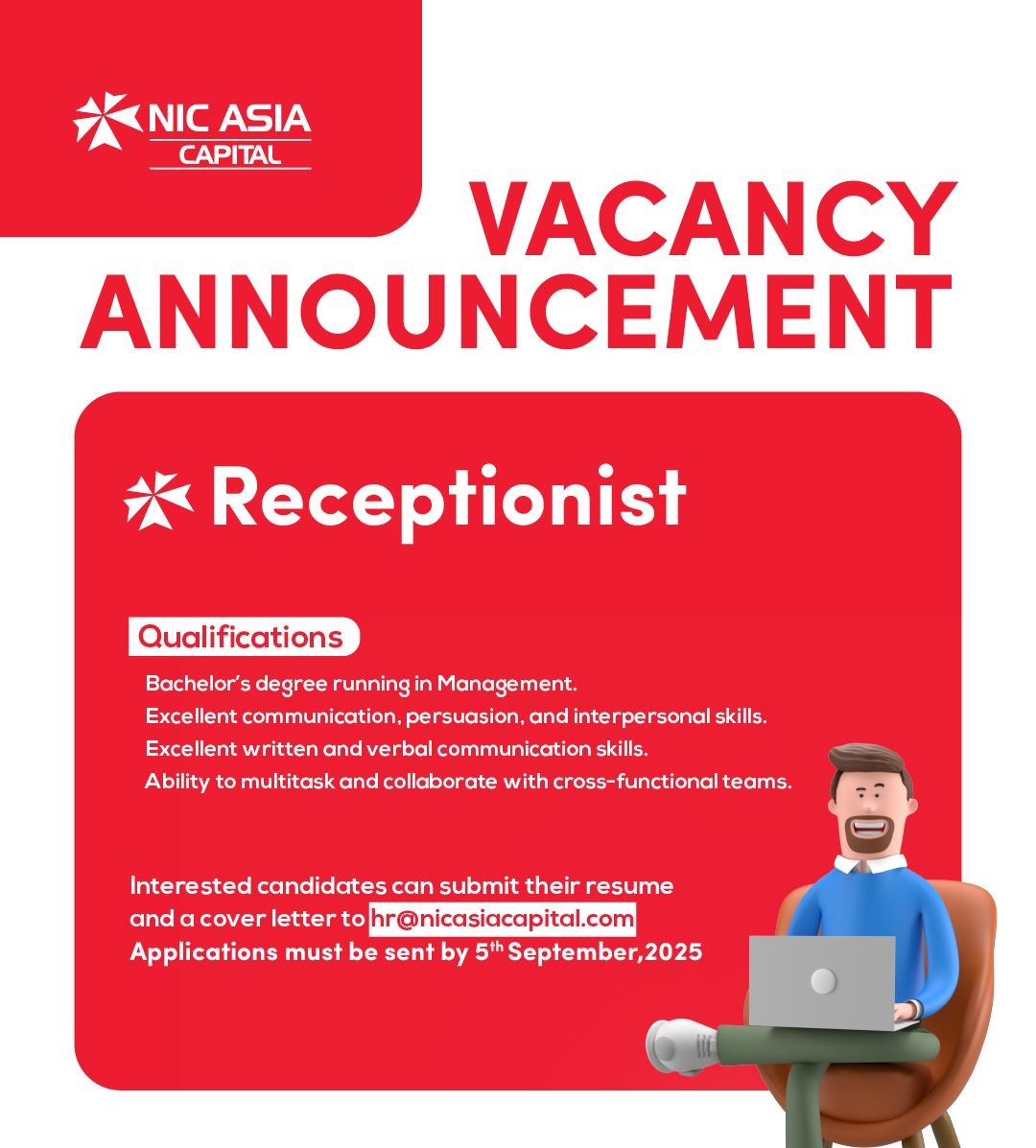 NIC Asia Capital Ltd - Recent Job Vacancy Nepal - Receptionist