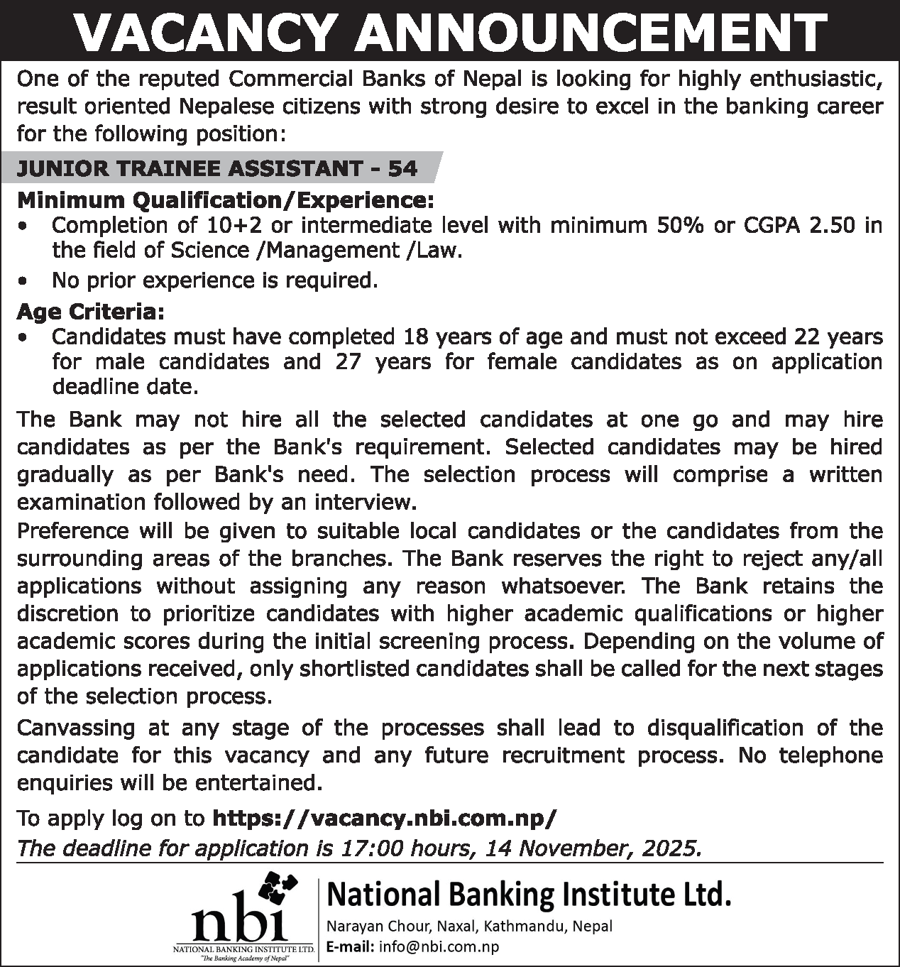 National Banking Institute Ltd. - Recent Job Vacancy Nepal - JUNIOR ...