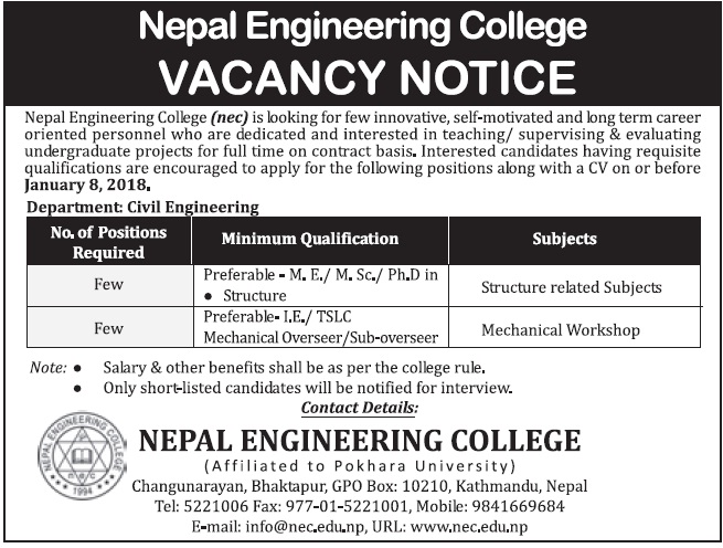 Nepal Engineering College - Recent Job Vacancy Nepal - Faculty